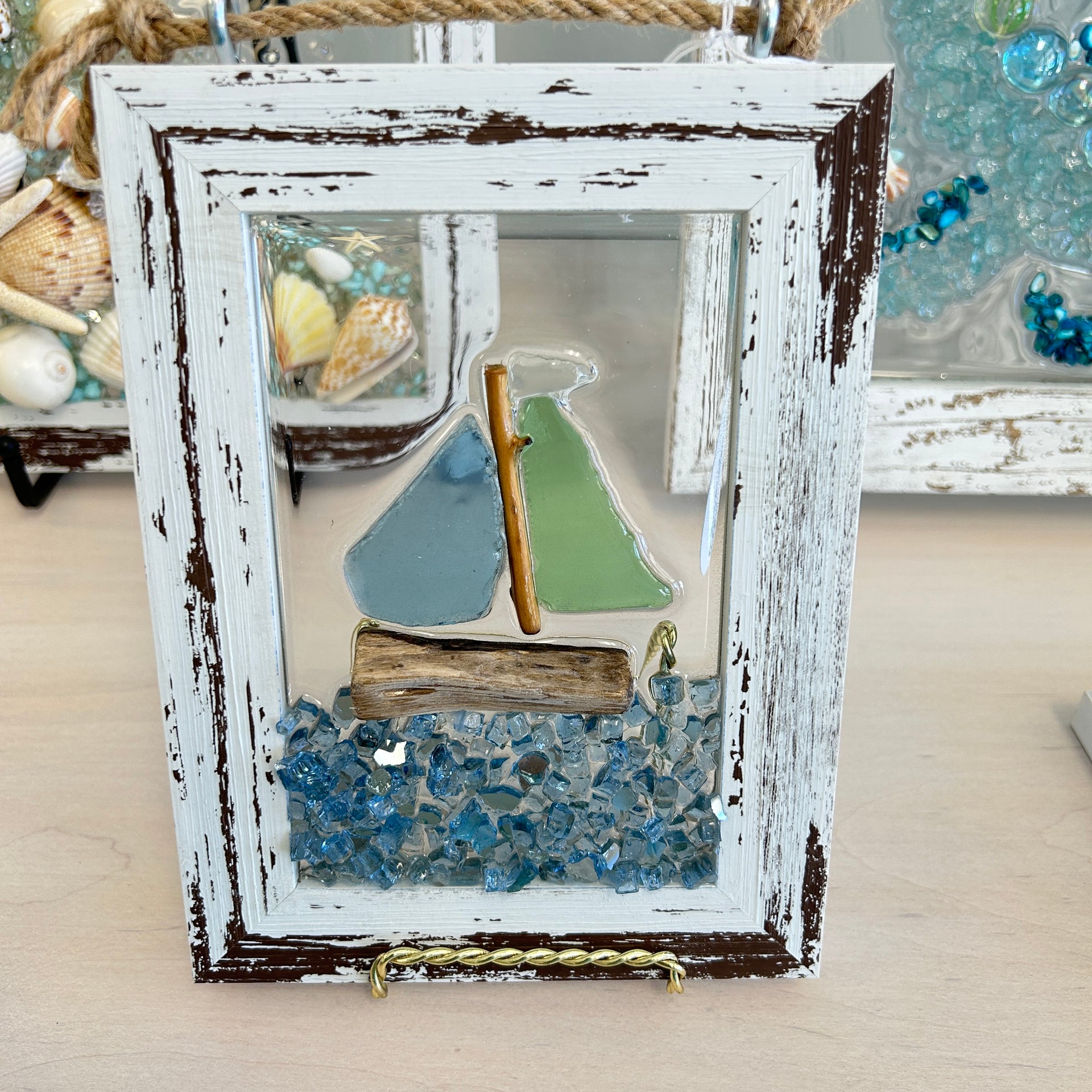 Coastal Glass Art w/ Shells, Glass, Resin, Sand- 4"x 6" – Sunshine ...